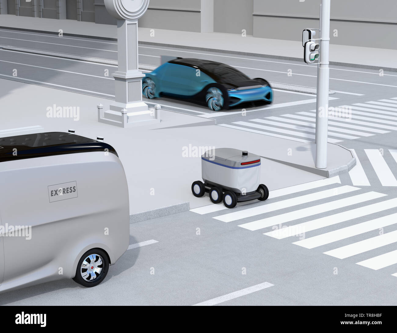 Self-driving delivery robot moving on the roadside. Delivery minivan ...