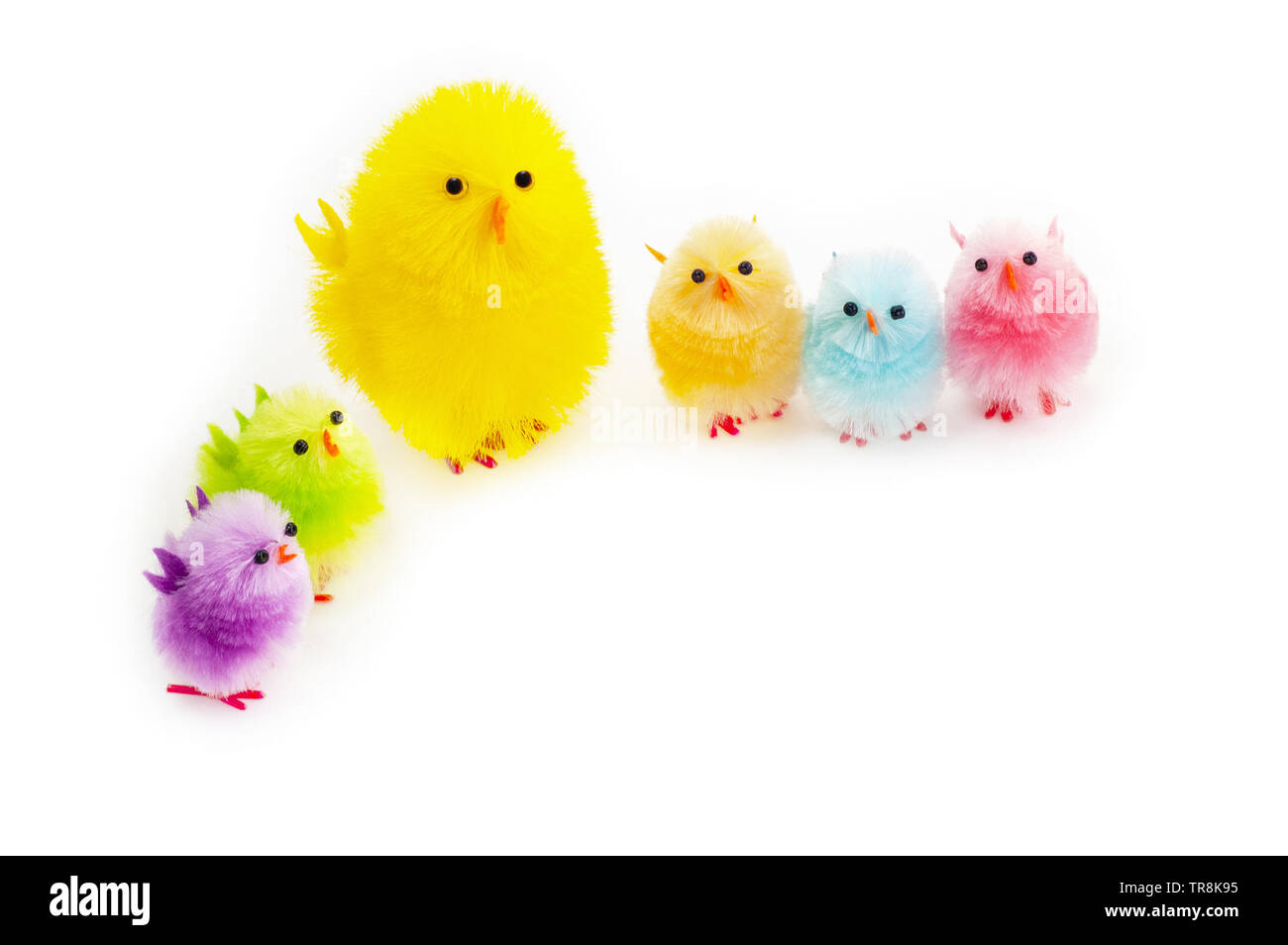 Multicolored easter chicks on white background in horizontal format ...