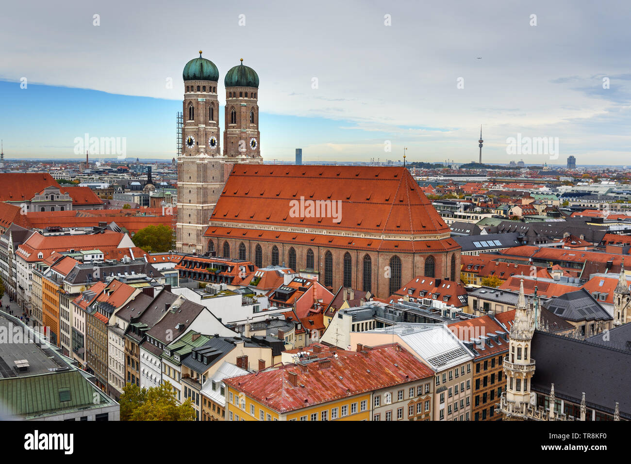 Aerial cityscape of Munich historical center with Frauenkirche. Munich ...