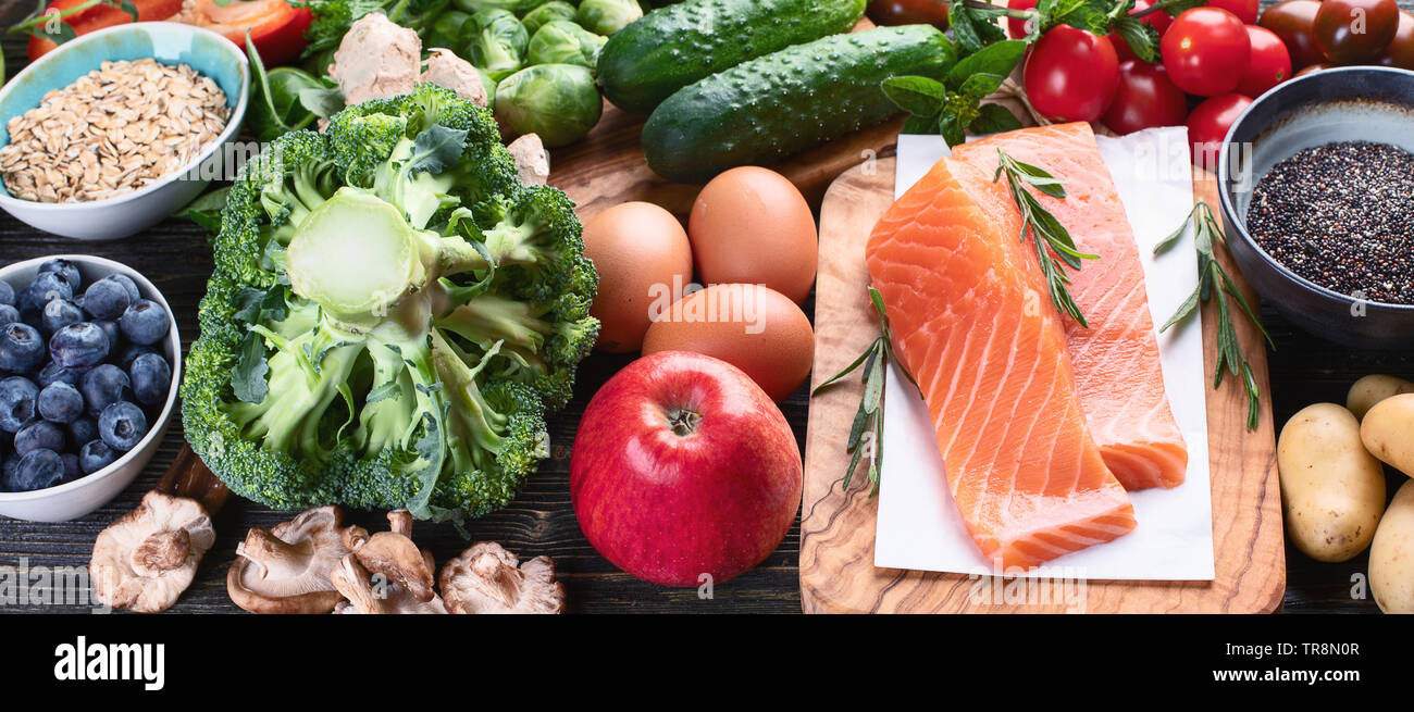 Selection of healthy food for clean eating. Panorama, banner Stock ...