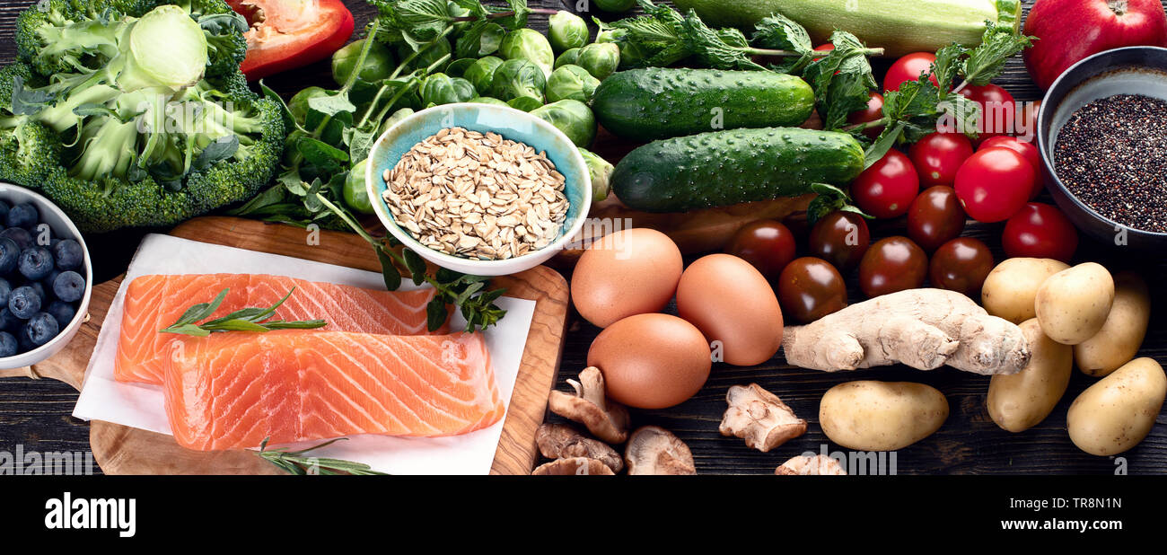 Selection of healthy food for clean eating. Panorama, banner Stock ...