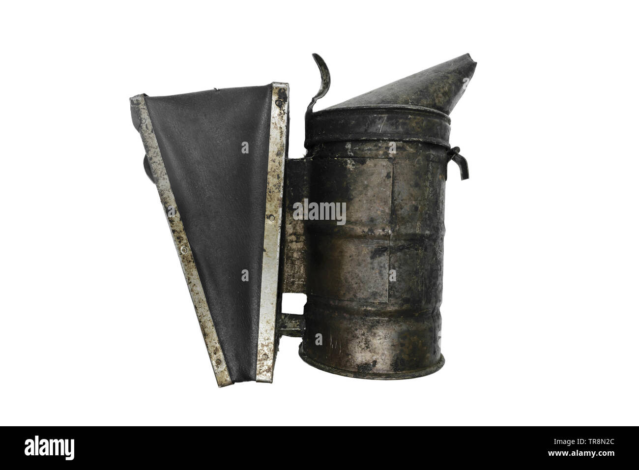 Side view of rusty, dusty and very old bee smoker isolated on white ...