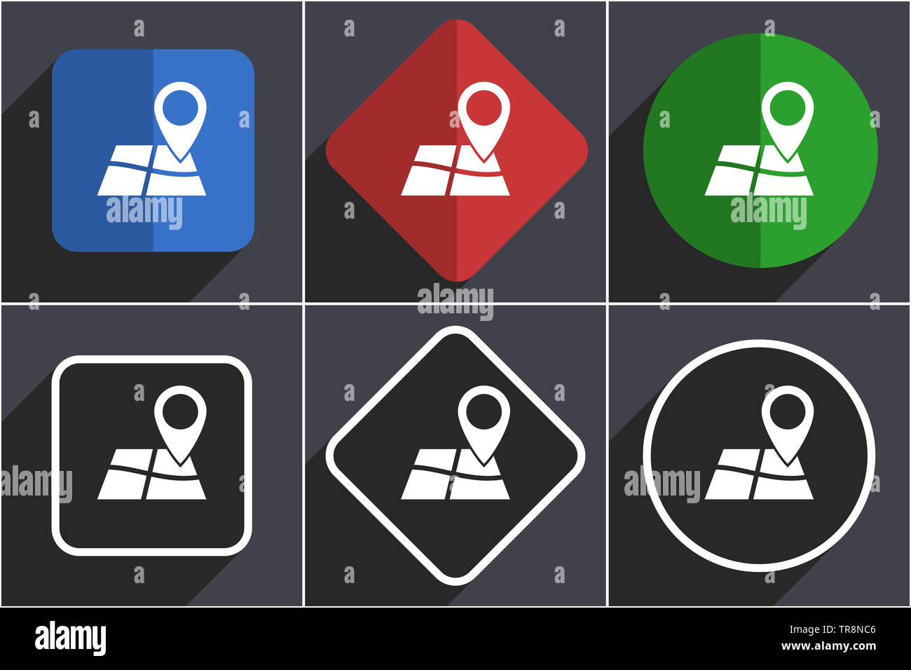 Gps, map, travel flat design icons with shadows Stock Photo - Alamy