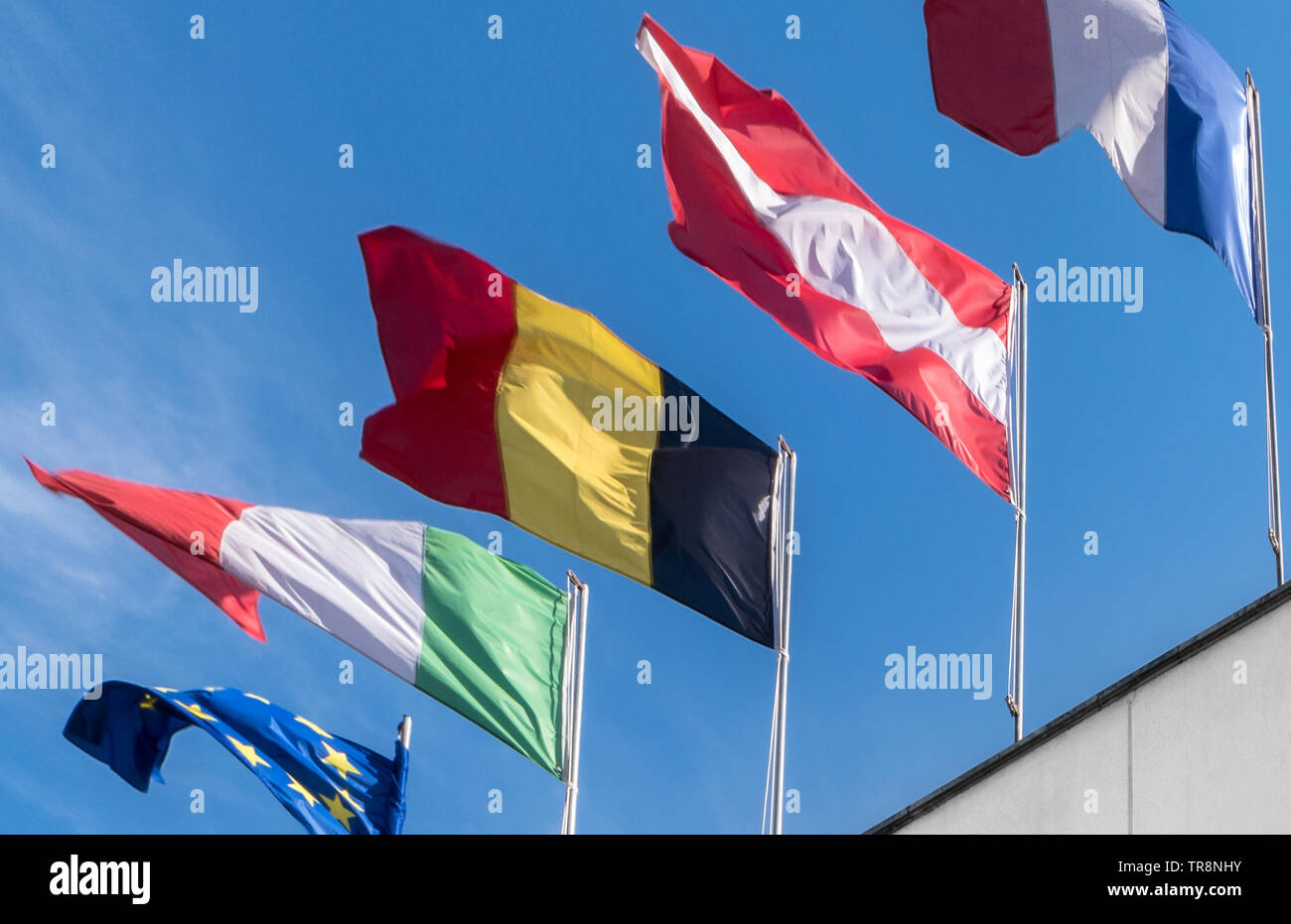 National flags of the European countries against the blue sky Stock ...