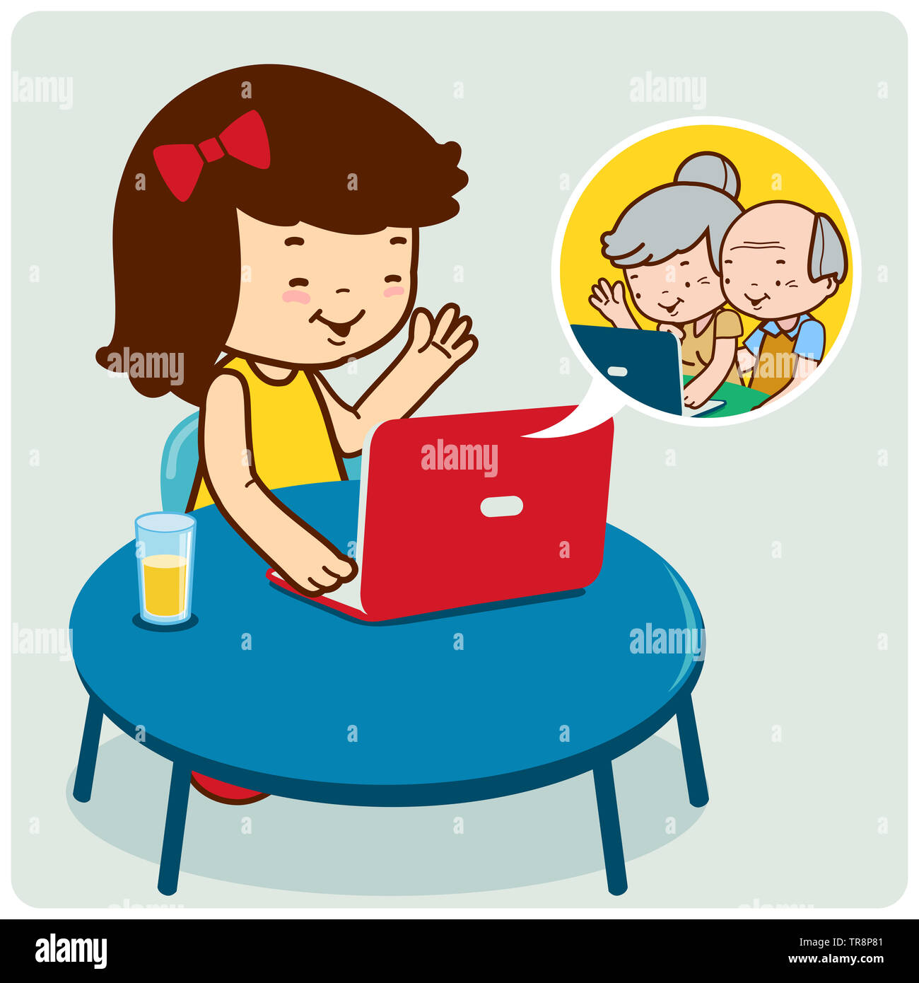 Family talk. A child sitting on her desk in front of her computer and ...