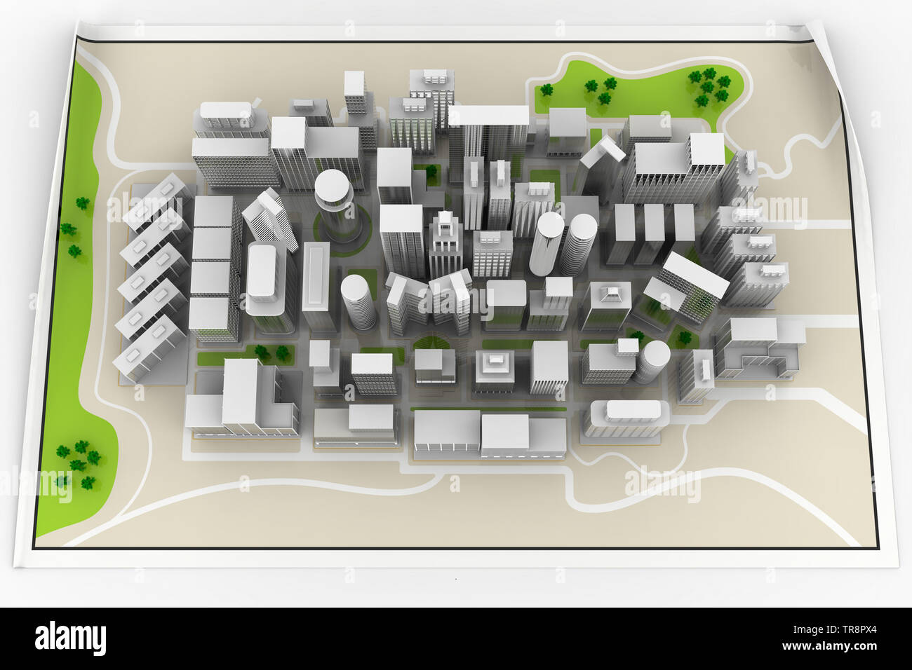 3D illustration. Road map. Cities, skyscrapers and homes placed on the ...