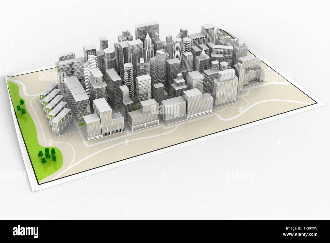 3D illustration. Road map. Cities, skyscrapers and homes placed on the ...