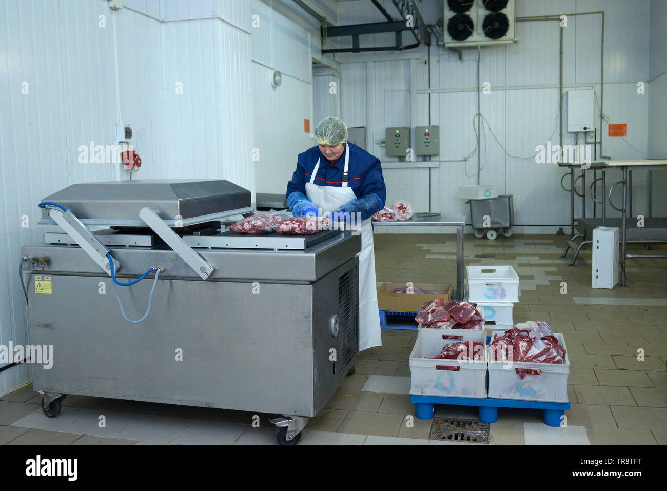 At the meat packing room: woman worker packing pieces of meat, vacuum ...