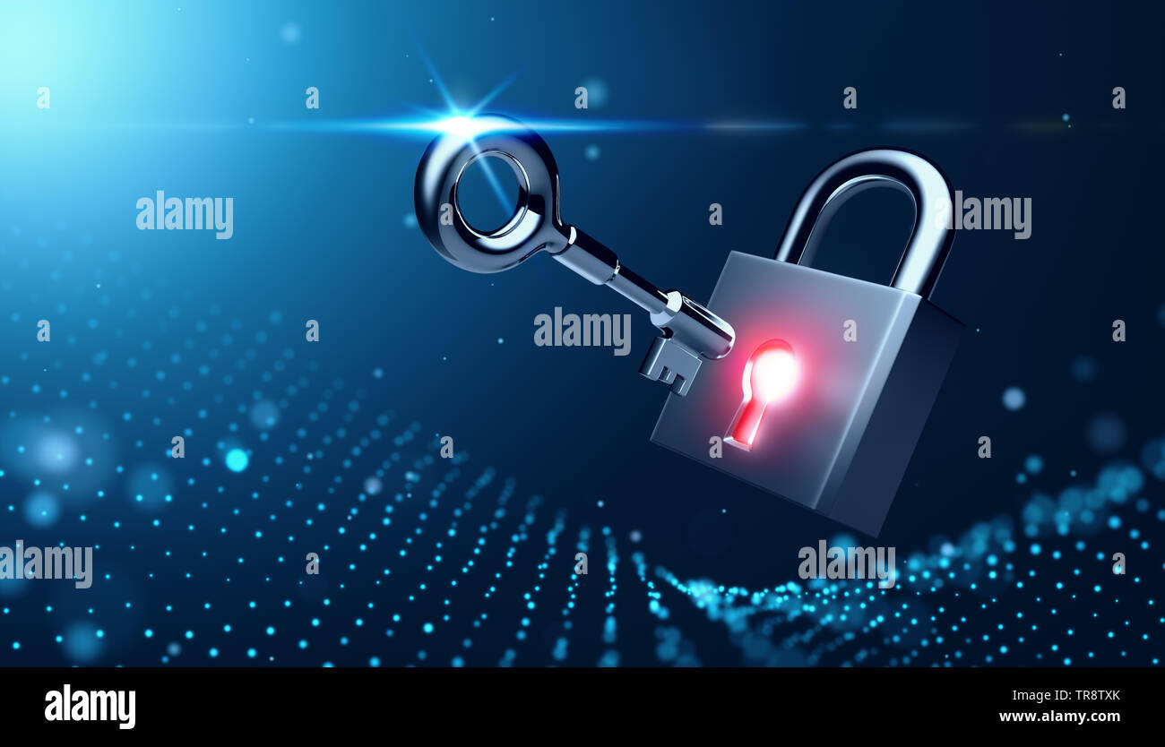 Glowing lock with key on abstract background - 3D Rendering Stock Photo ...
