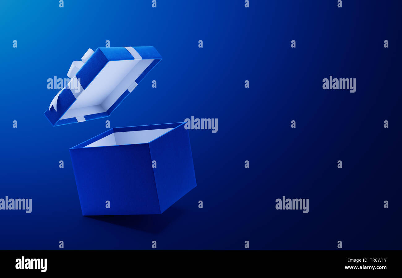 Blue open gift box with white bow Stock Photo - Alamy
