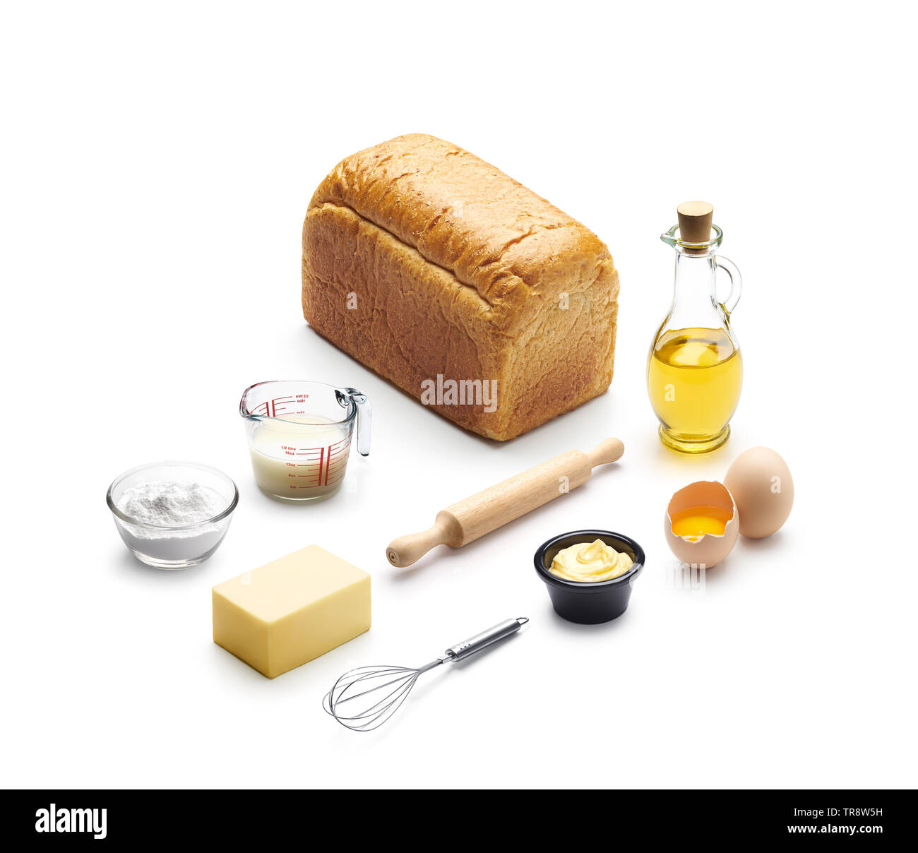 Isometric presentation of bread baking ingredients over white ...