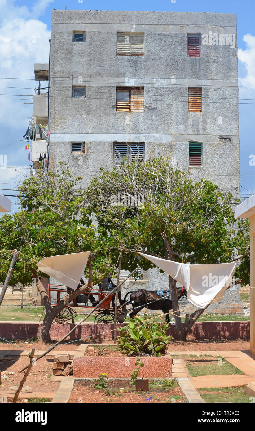 Derelict buildings and apartment blocks in Gibara, Southern Cuba Stock ...