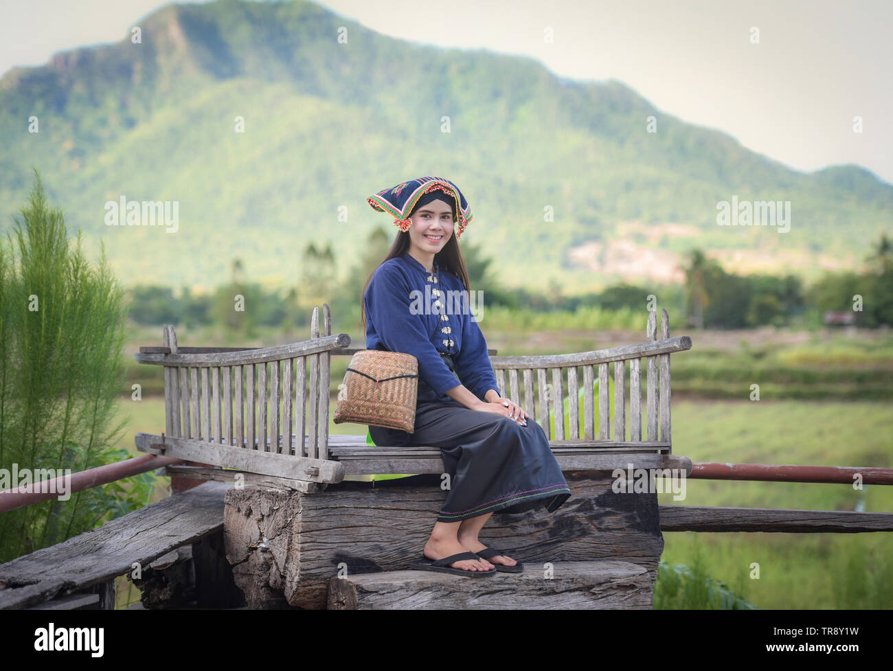 Asia woman thai style dress tribe Tai Dam / Portrait of beautiful young ...