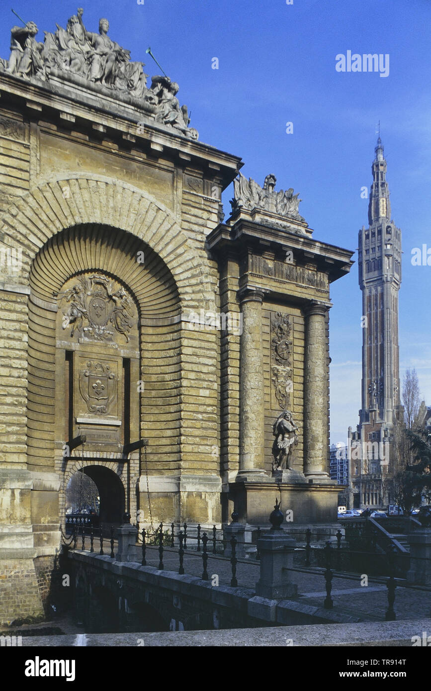 Porte de Paris and Beffroi de l'Hôtel de Ville de Lille, Lille, France ...