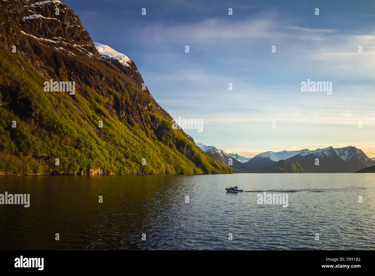 Fishing boat coming back from the Nordfjorden. Valldal area. Reinheimen ...