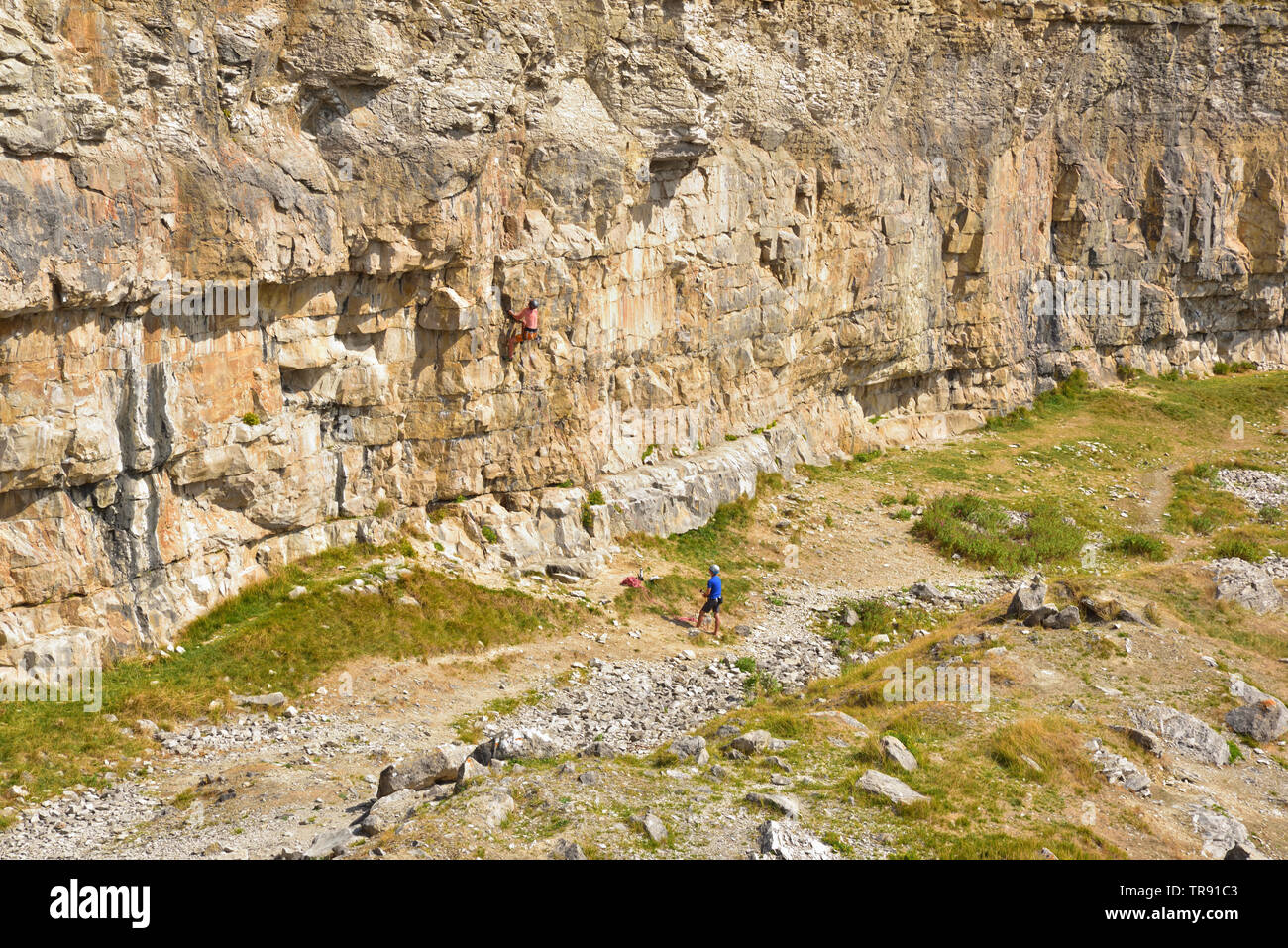 Rock climbers at Dancing Ledge, an abandoned limestone quarry on the ...