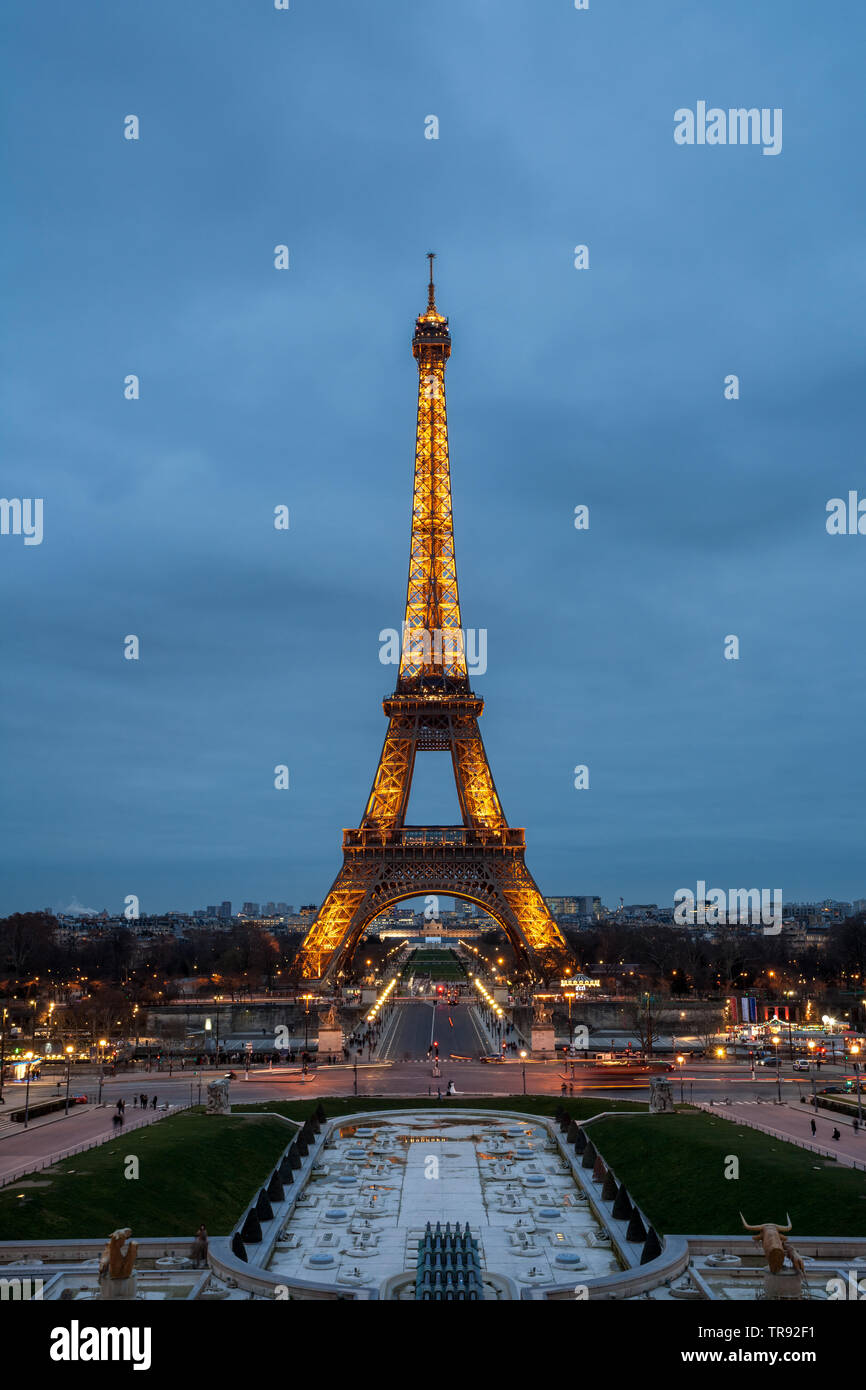 Night view of Eiffel Tower, a iron tower on the Champ de Mars in Paris ...