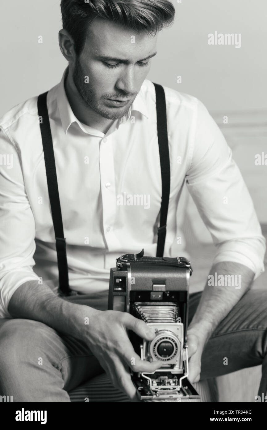 Men with Old Vintage Camera Stock Photo - Alamy