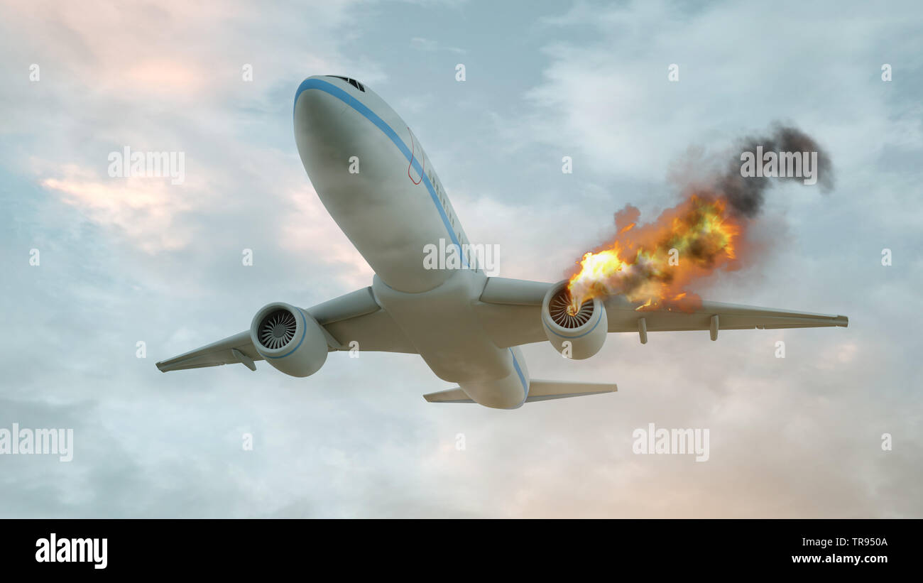 Commercial airplane with engine on fire, concept of aerial disaster. 3D ...
