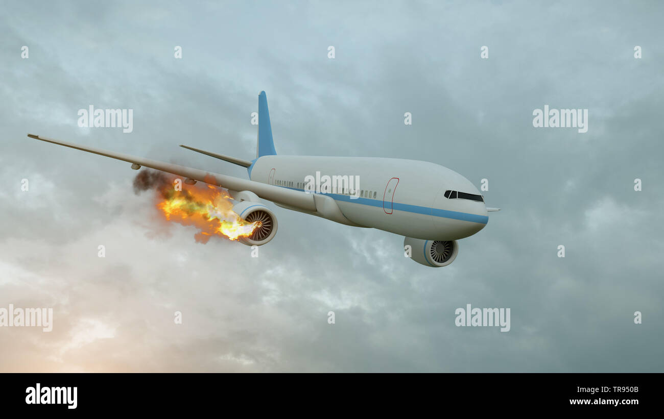 Flying aircraft with exploding aero engine just before air crash. 3D ...