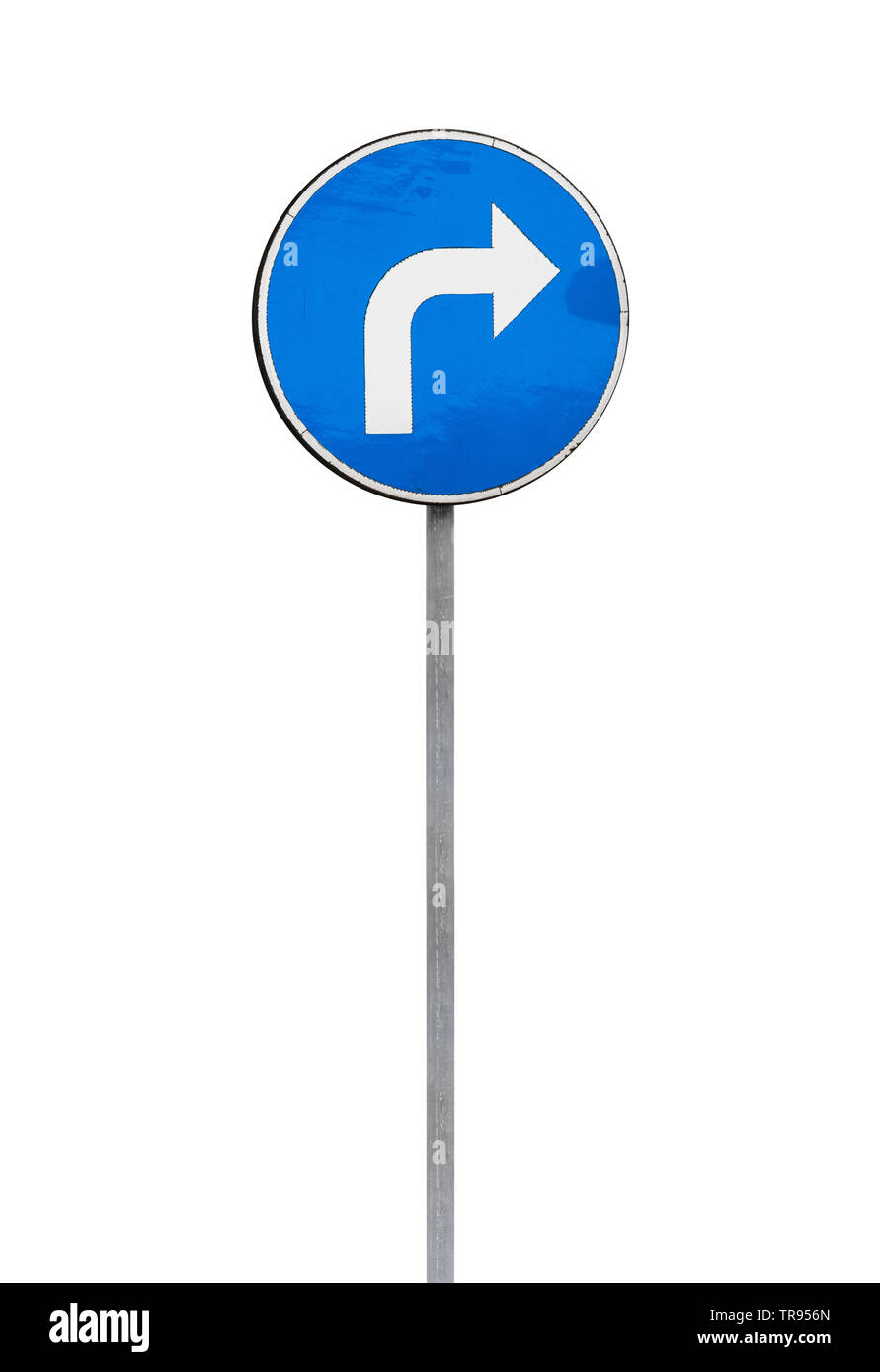 Right turn, road sign on metal pole isolated on white background Stock ...