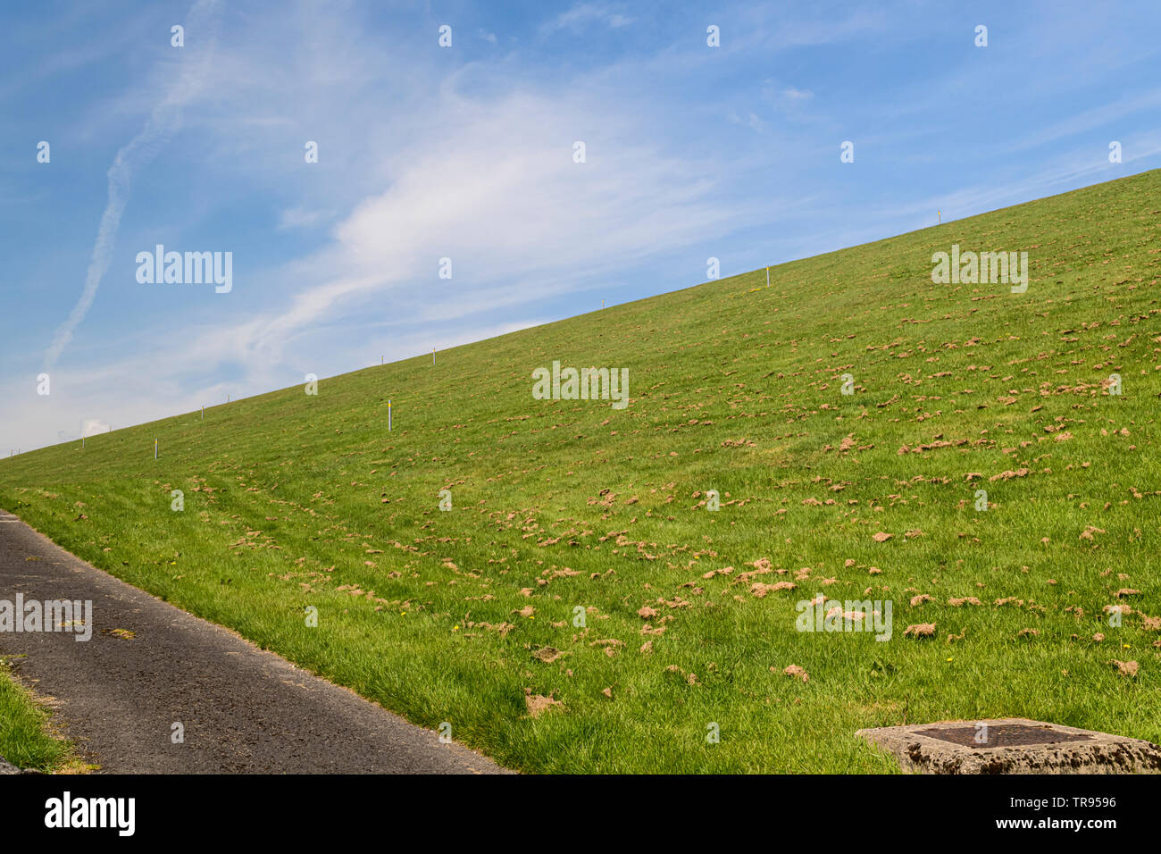 Grass sides of a raised reservoir with sevice road Stock Photo - Alamy
