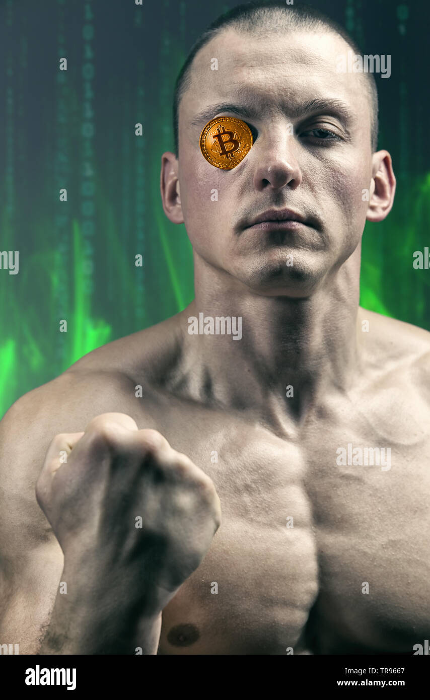 Portrait of a strong muscular man with a bitcoin instead of an eye ...
