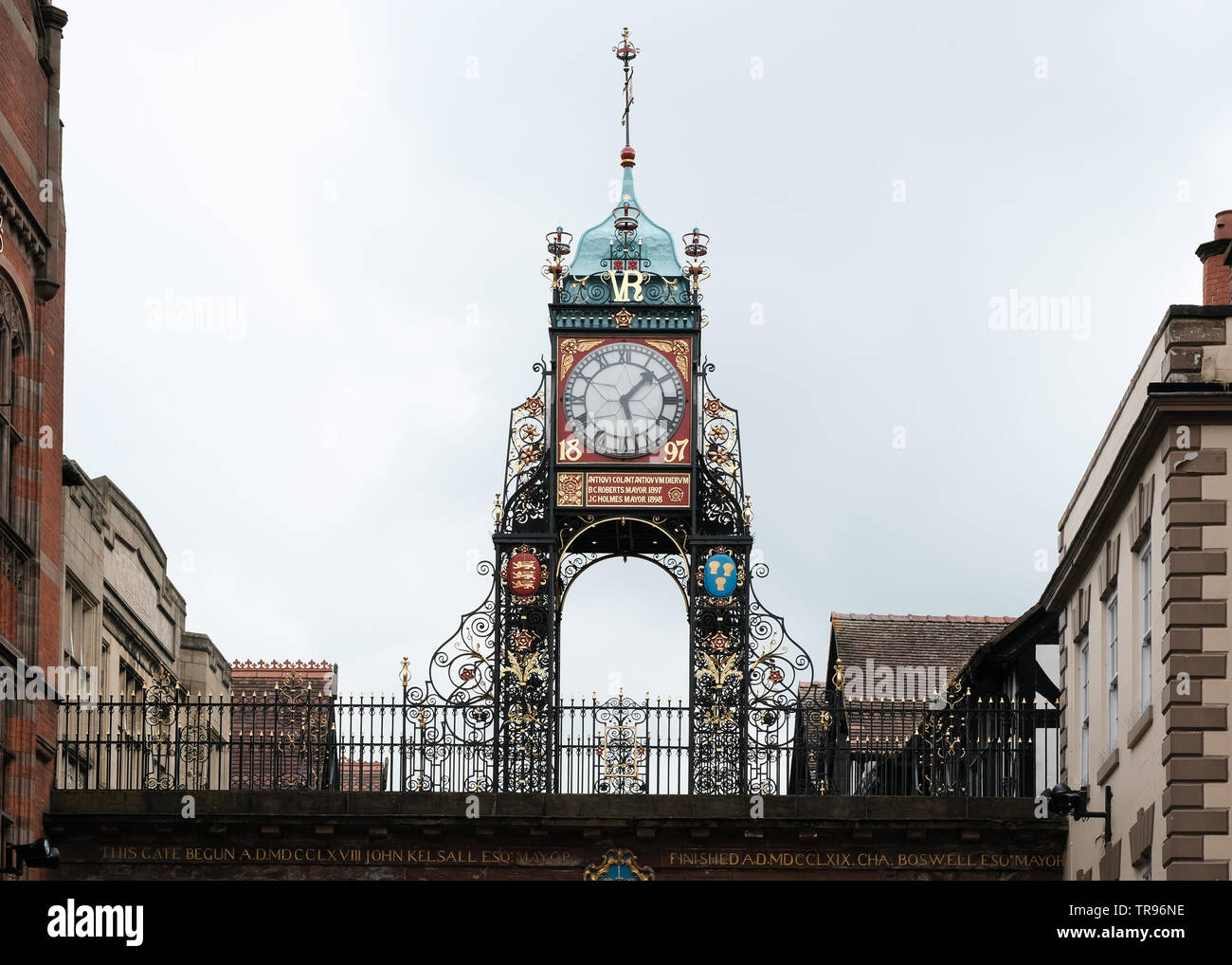 Chester's famous Eastgate clock on the city walls above the high street ...