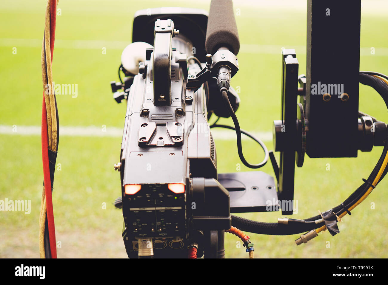 Event video camera on crane live football mach or concert Stock Photo ...