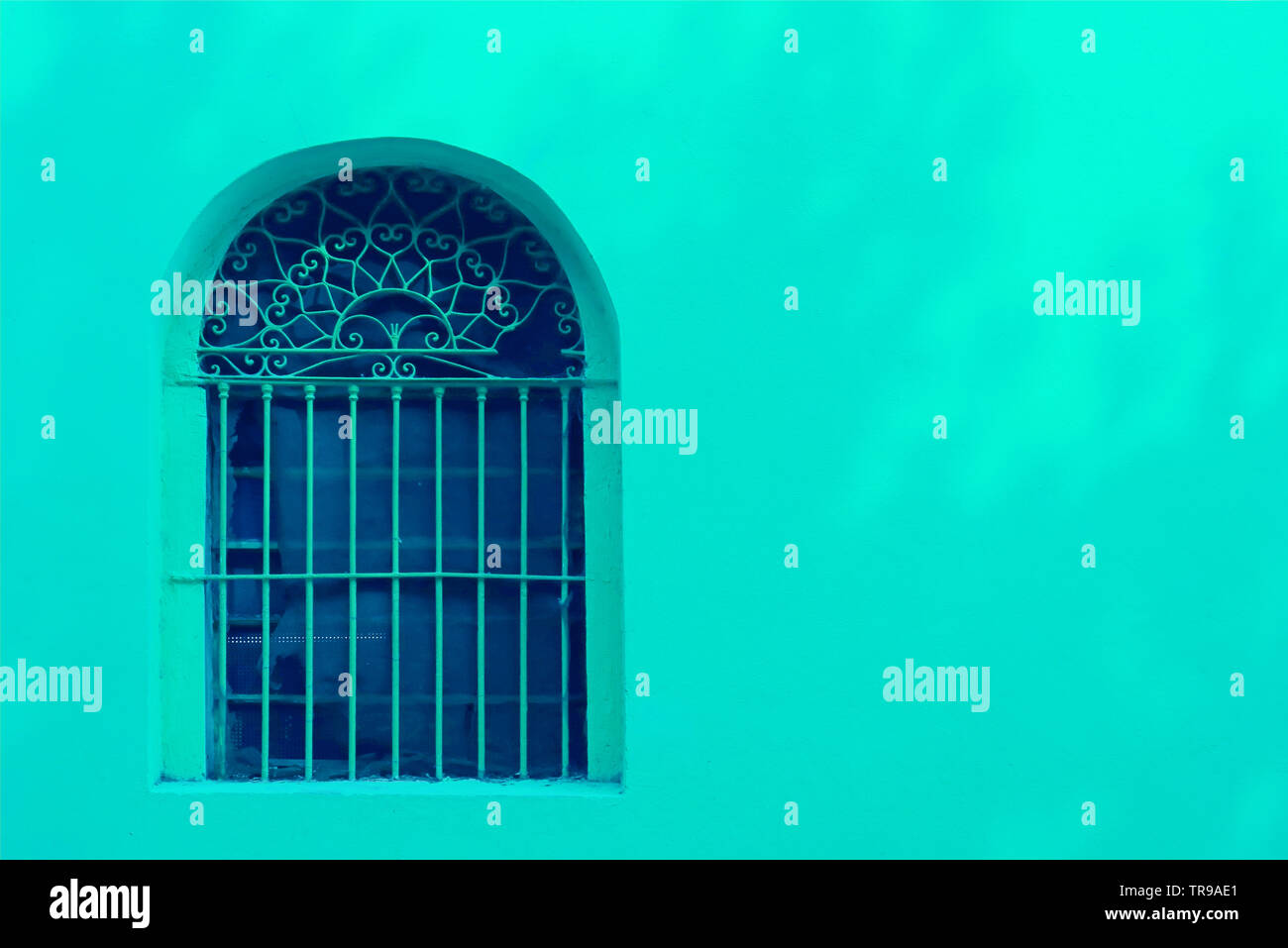 Mint green wrought iron decorated window on mint green concrete wall ...