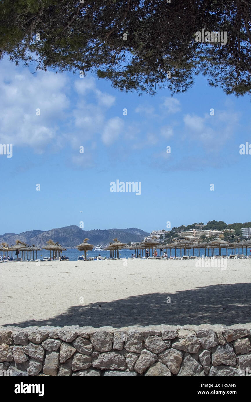 SANTA PONSA, MALLORCA, SPAIN - MAY 29, 2019: Sandy beach on a sunny day ...