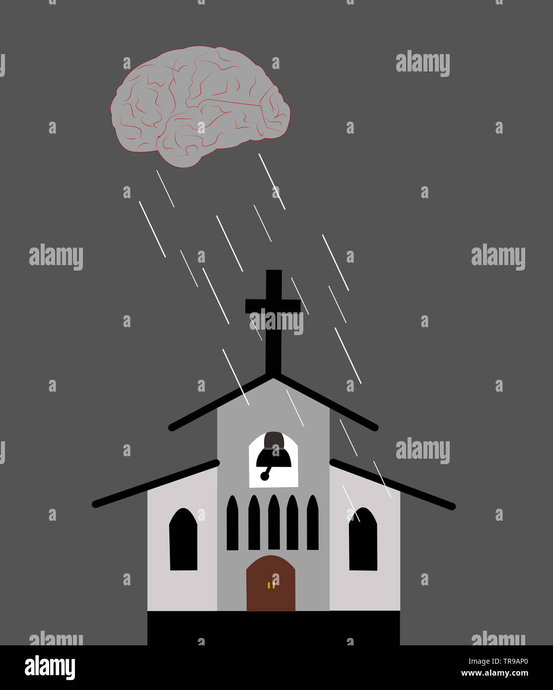 illustration of a cloud as a brain raining with reason over the church ...
