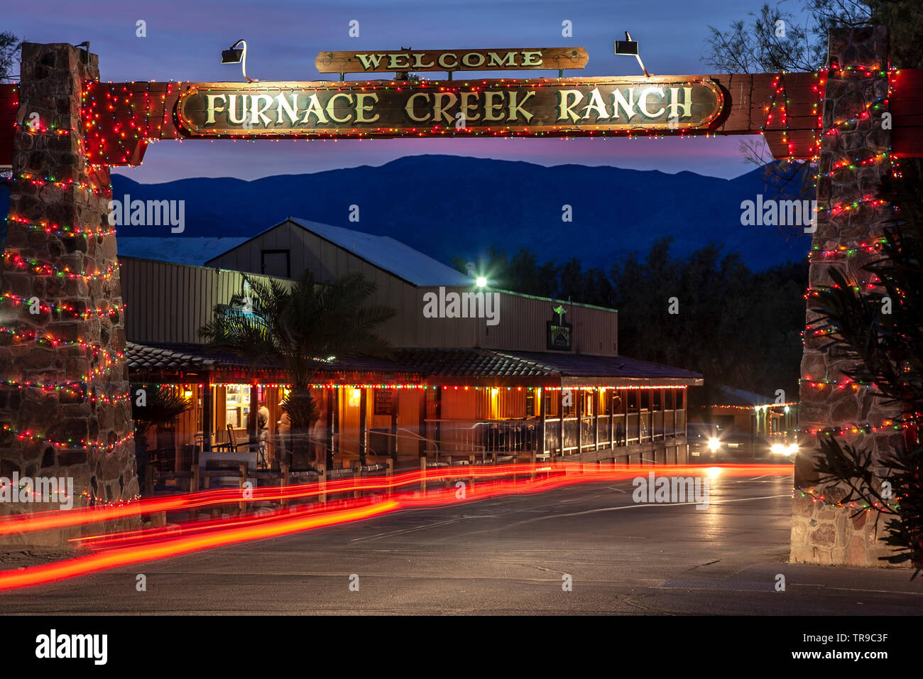 Entrance to Furnace Creek Ranch and light streaks, Death Valley ...