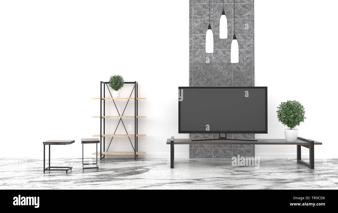 TV, modern empty room interior empty white wall on floor granite. 3D ...