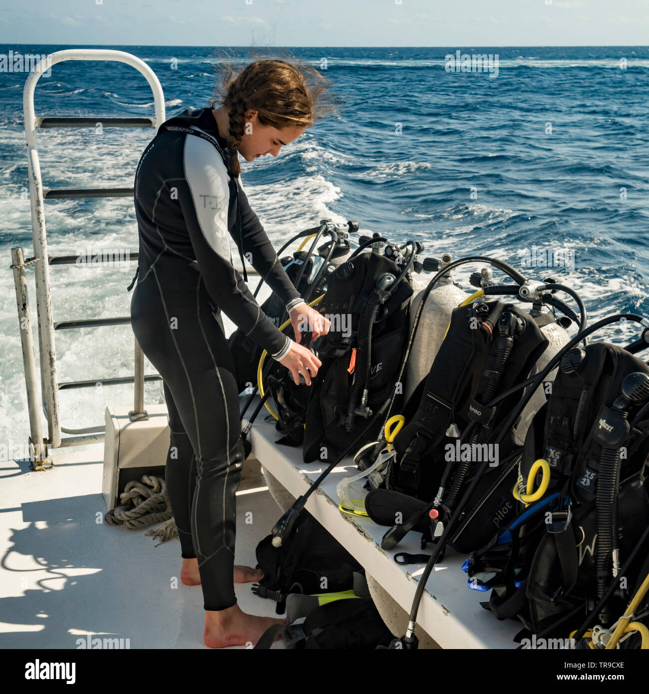 Woman preparing for scuba diving hi-res stock photography and images ...