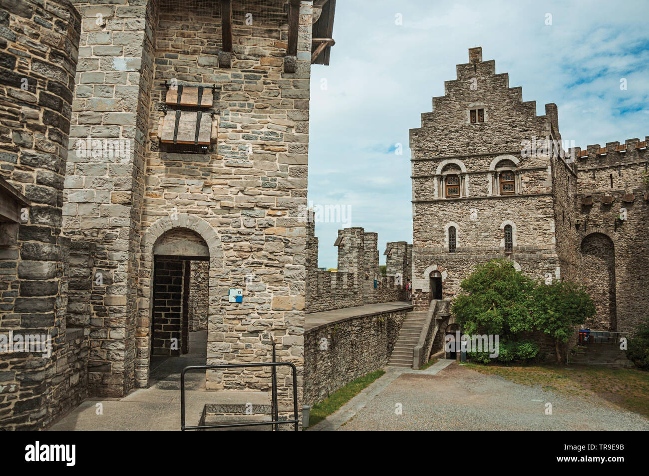 Stone watchtower, door and walls inside the Gravensteen Castle at Ghent ...