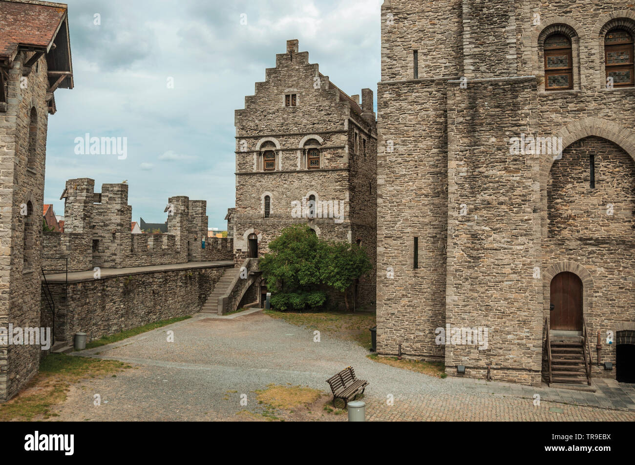 Stone watchtower, door and walls inside the Gravensteen Castle at Ghent ...