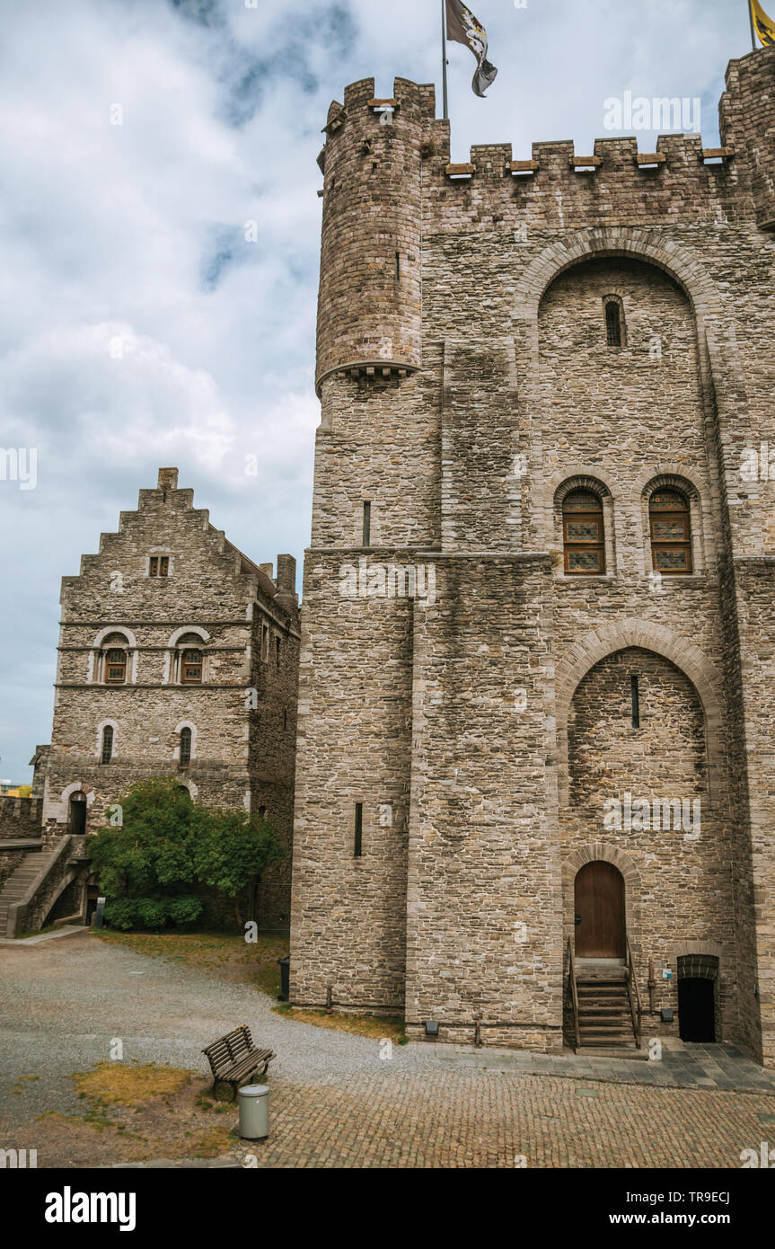 Stone watchtower, door and walls inside the Gravensteen Castle at Ghent ...
