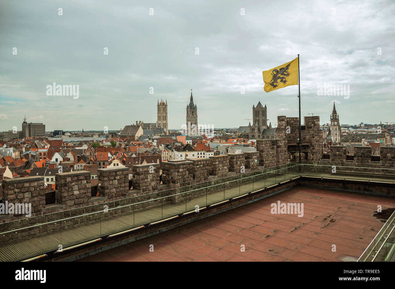 Gravensteen Castle roof and balustrade overlooking Ghent buildings ...