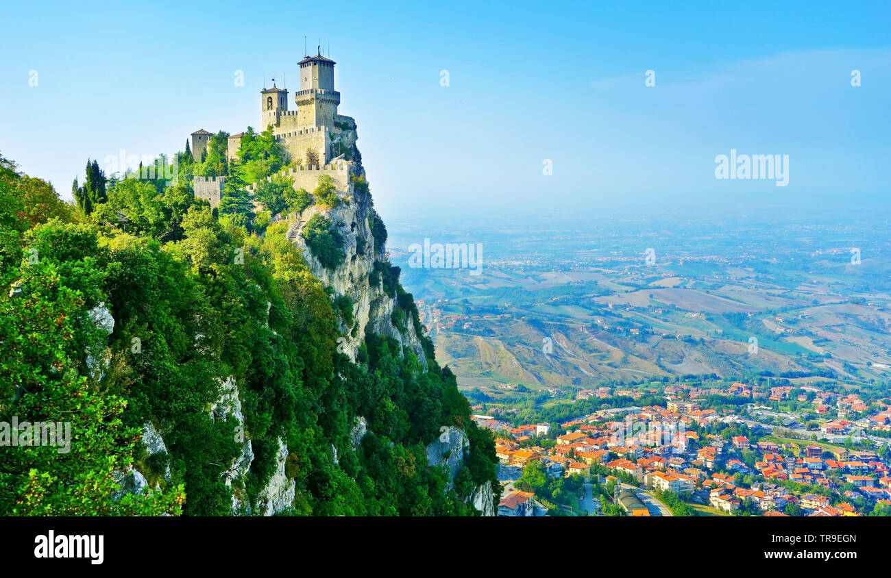 View of the Guaita fortress located on the peak of Monte Titano in San ...