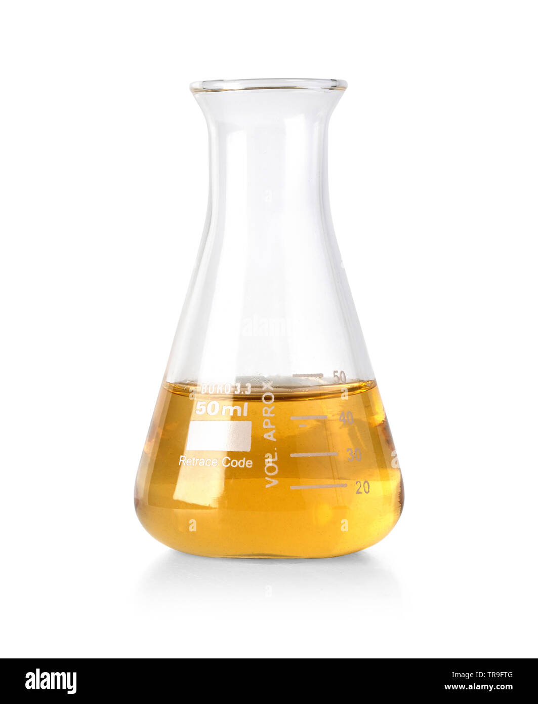 Flask with yellow liquid isolated over white background with clipping ...