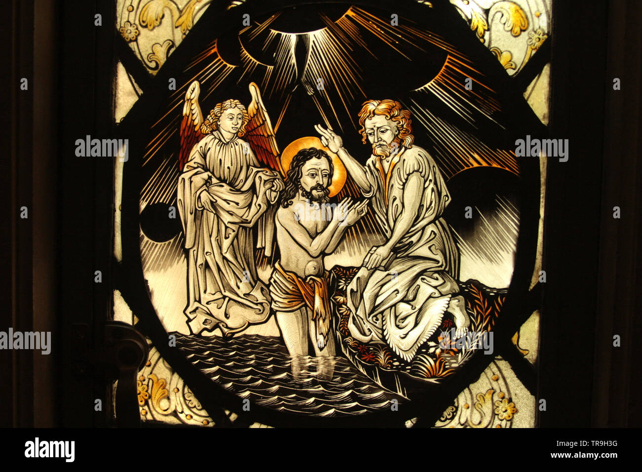 The Baptism of Jesus, stained glass scene at Duke Chapel in Durham, NC ...