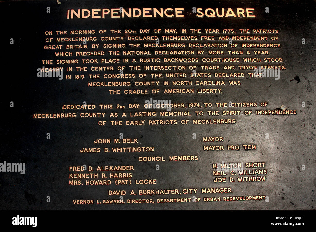 Informational, memorial plaque in the Independence Square in Charlotte ...