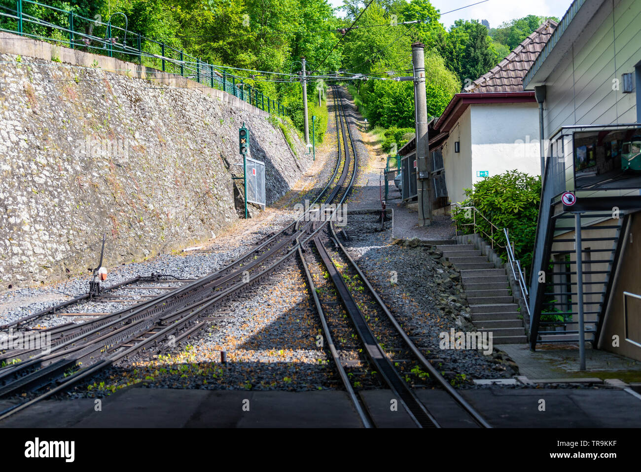 Cog railway tracks with an additional toothed rack located in the ...