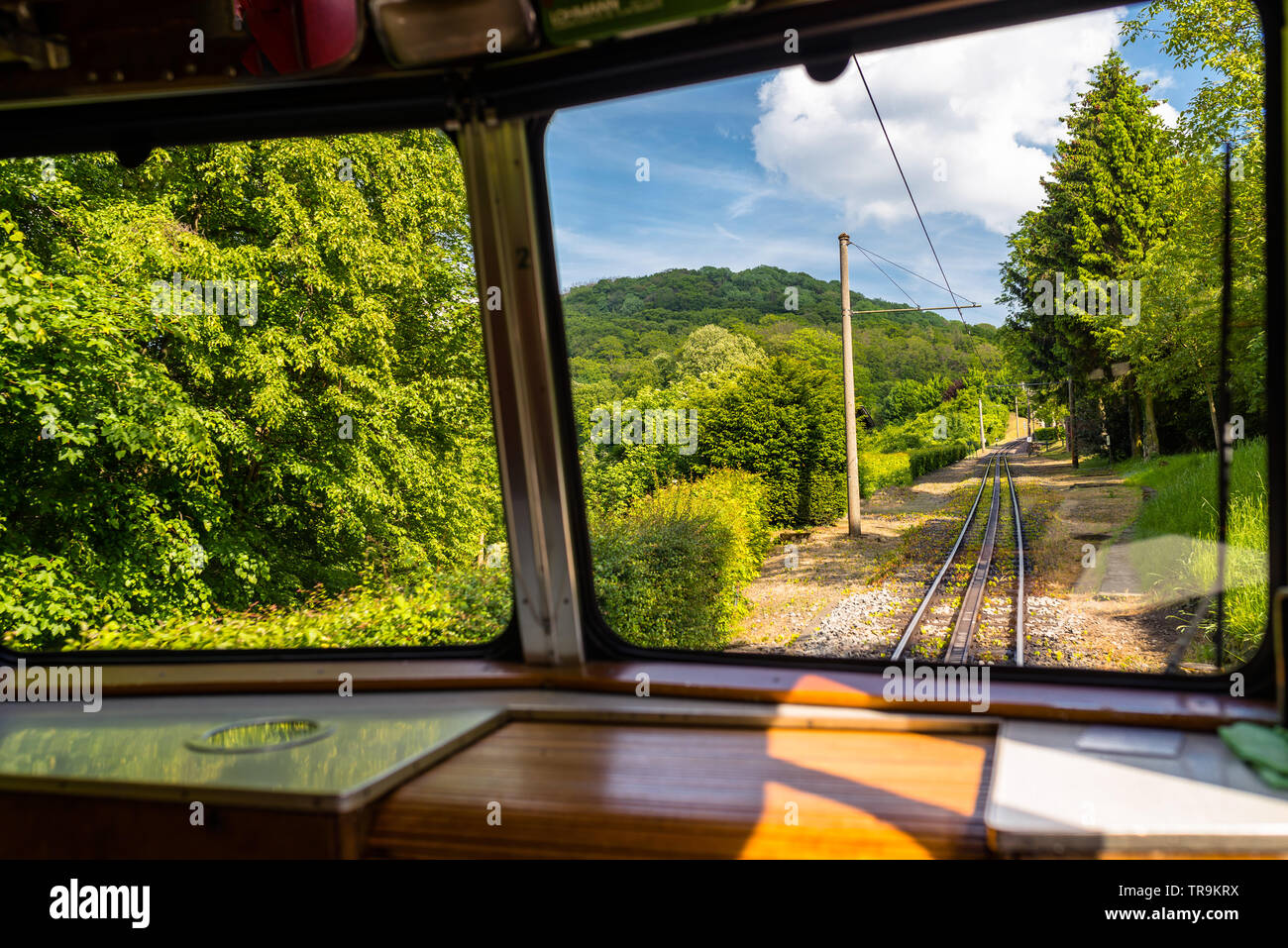 A view from the window of a moving train, visible tracks, trees and ...