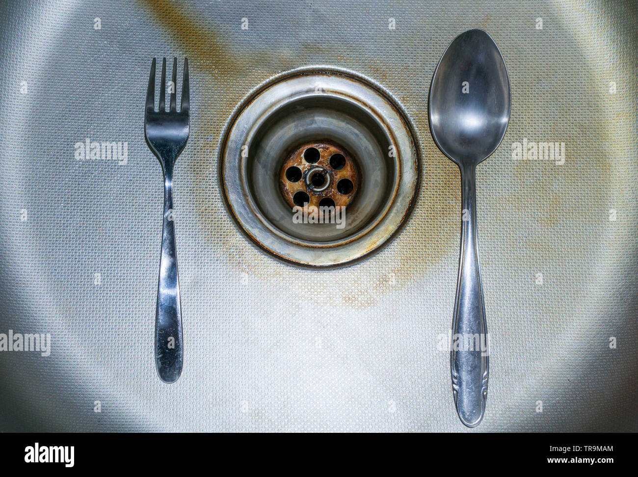 Spoon and fork in the sink. Concept of consumerism Stock Photo - Alamy