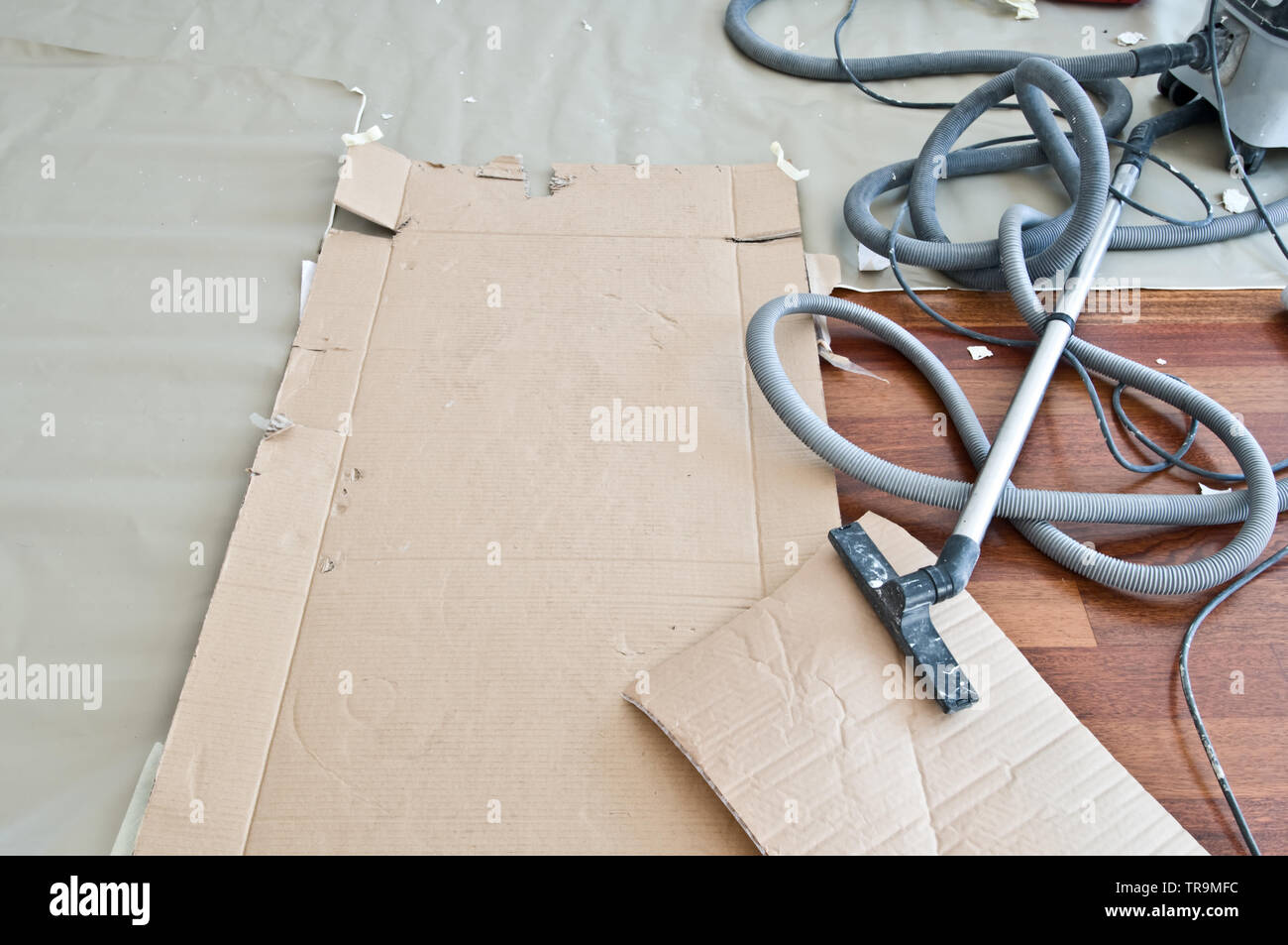 Home renovation. Vacuum cleaner. Parquet floor protected with cardboard ...