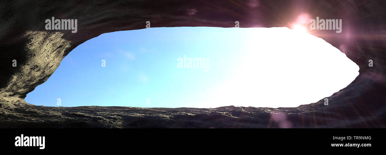 cave entrance, mysterious den opening with blue sky, 3d rendering ...