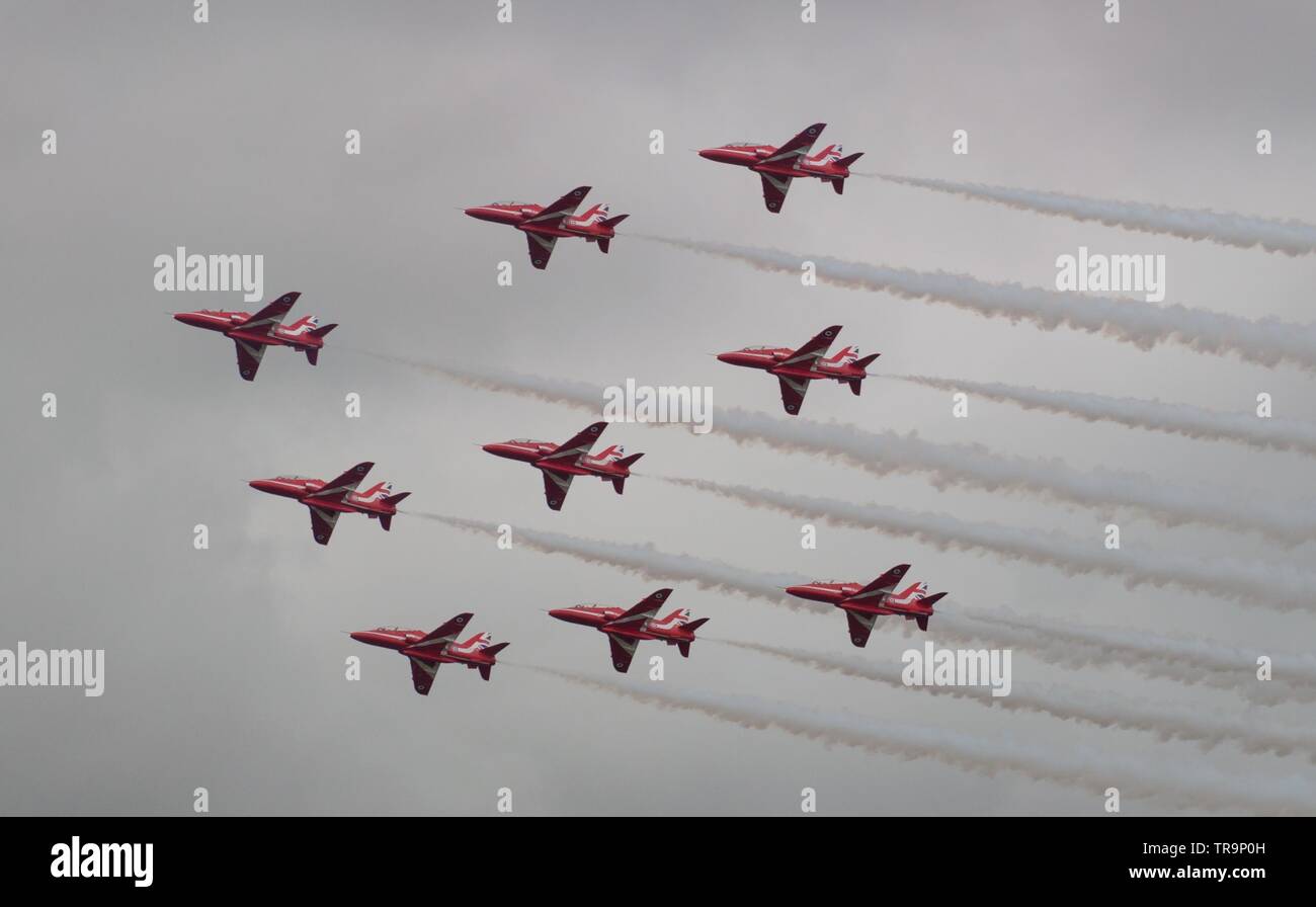 Red Arrows Display Team fly past Stock Photo - Alamy