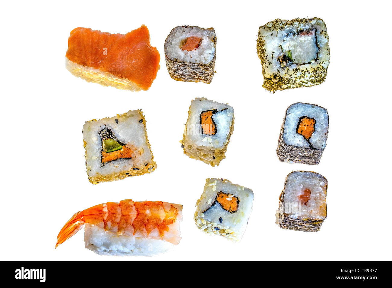 Multiple sushi rolls on white background . Set of asian food. Top view ...